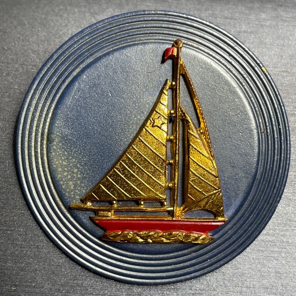 Jewelry | Vintage Gold Tone Ship On Round Navy Blue Metal Disc Unique ...